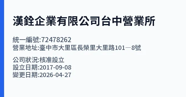 漢銓企業有限公司台中營業所的照片-統編 72478262(臺中市) 公司登記資料與營業項目詳細圖表