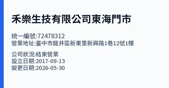 禾樂生技有限公司東海門市的照片-統編 72478312(臺中市) 公司登記資料與營業項目詳細圖表