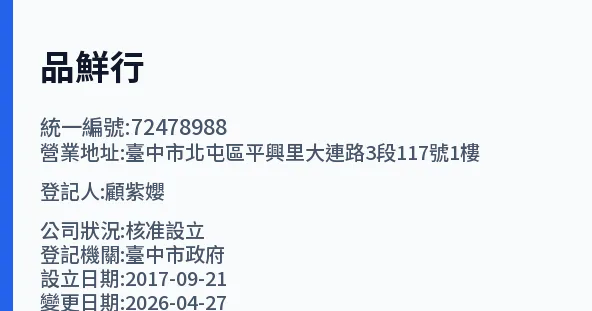 品鮮行的照片-統編 72478988(臺中市) 公司登記資料與營業項目詳細圖表