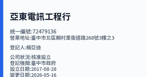 亞東電訊工程行的照片-統編 72479136(臺中市) 公司登記資料與營業項目詳細圖表