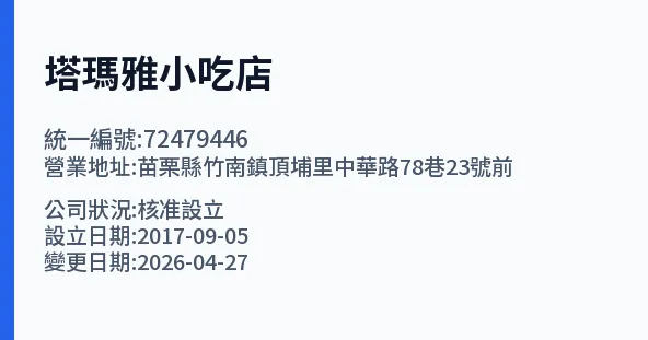 塔瑪雅小吃店的照片-統編 72479446(苗栗縣) 公司登記資料與營業項目詳細圖表