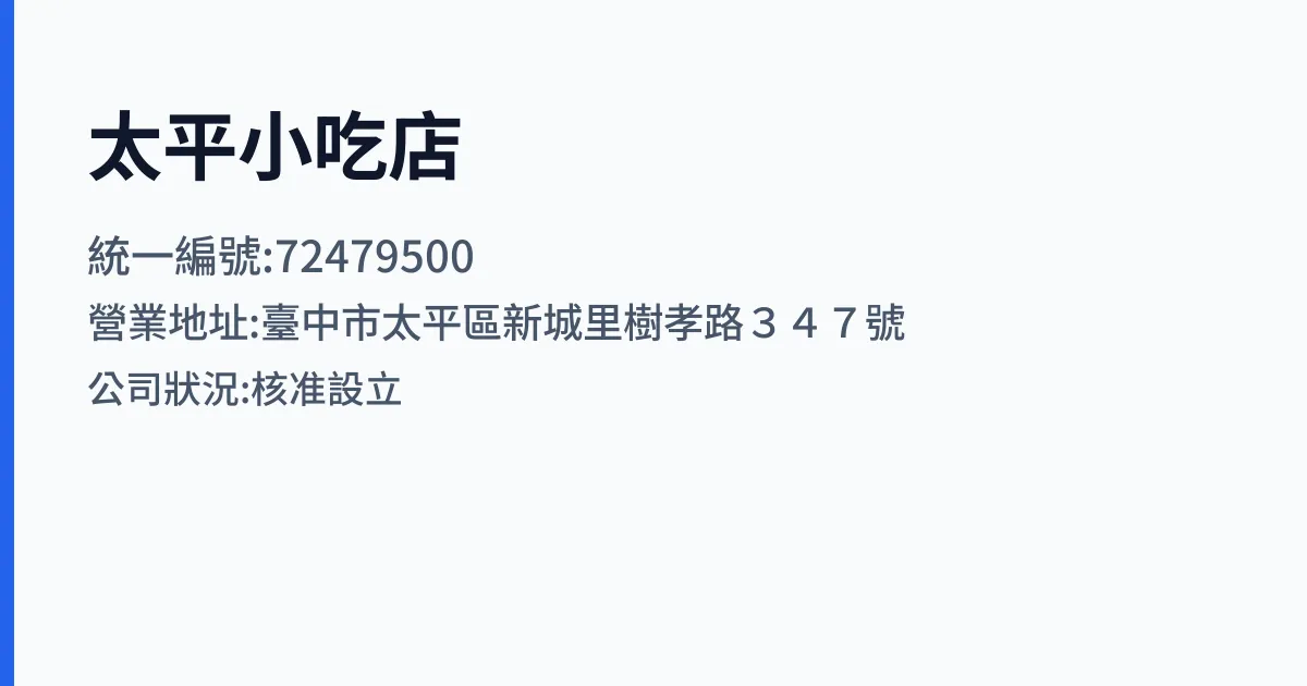 太平小吃店 - 統編 72479500(臺中市) 公司登記資料與營業項目詳細圖表