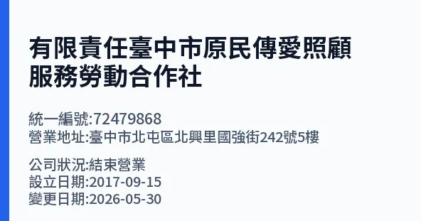 有限責任臺中市原民傳愛照顧服務勞動合作社的照片-統編 72479868(臺中市) 公司登記資料與營業項目詳細圖表