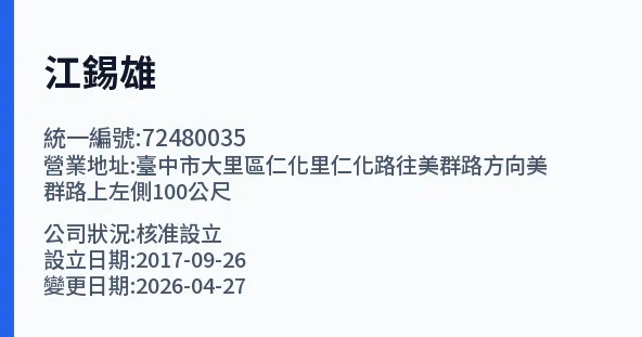 江錫雄的照片-統編 72480035(臺中市) 公司登記資料與營業項目詳細圖表