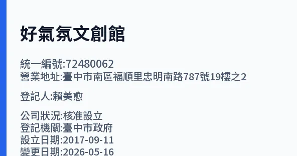 好氣氛文創館的照片-統編 72480062(臺中市) 公司登記資料與營業項目詳細圖表
