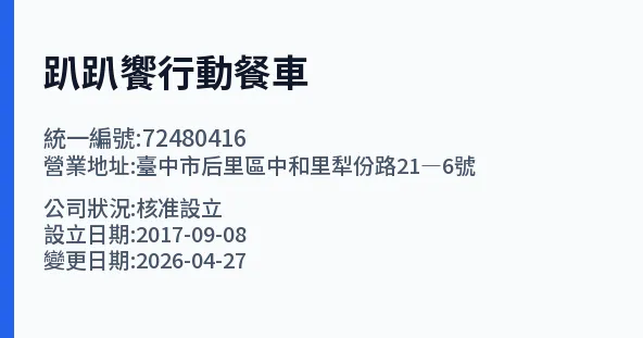 趴趴饗行動餐車的照片-統編 72480416(臺中市) 公司登記資料與營業項目詳細圖表