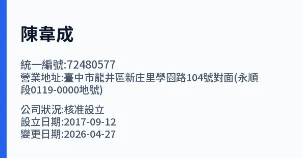 陳韋成的照片-統編 72480577(臺中市) 公司登記資料與營業項目詳細圖表