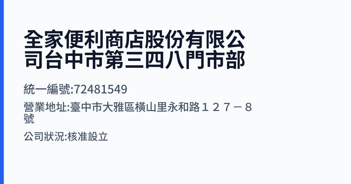 全家便利商店股份有限公司台中市第三四八門市部 - 統編 72481549(臺中市) 公司登記資料與營業項目詳細圖表
