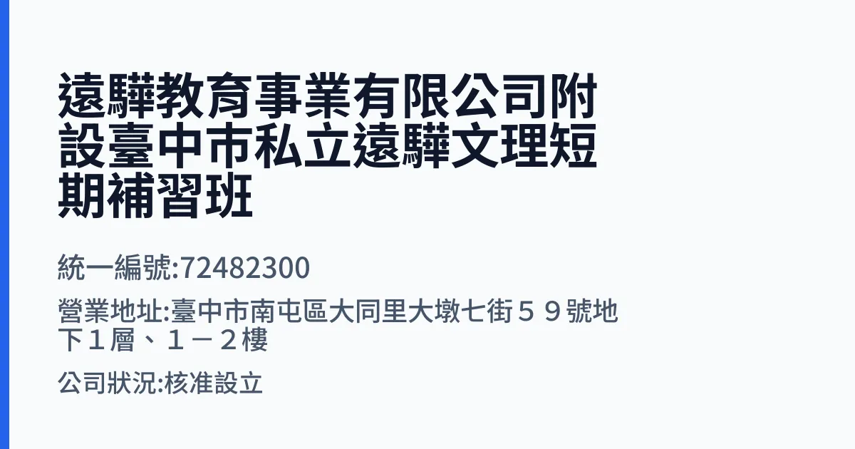 遠驊教育事業有限公司附設臺中巿私立遠驊文理短期補習班 - 統編 72482300(臺中市) 公司登記資料與營業項目詳細圖表