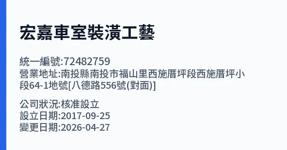 宏嘉車室裝潢工藝的照片-統編 72482759(南投縣) 公司登記資料與營業項目詳細圖表