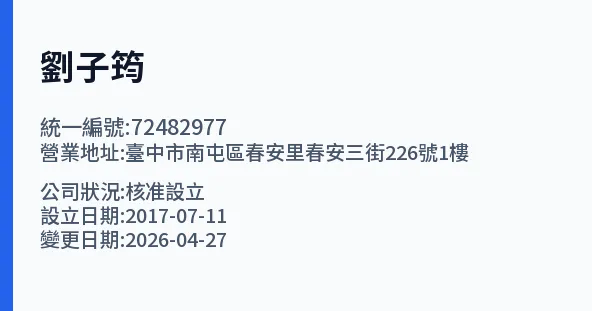 劉子筠的照片-統編 72482977(臺中市) 公司登記資料與營業項目詳細圖表