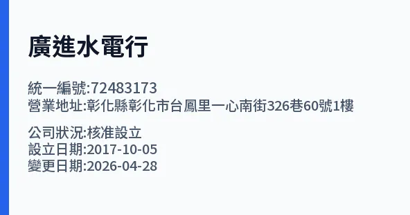 廣進水電行的照片-統編 72483173(彰化縣) 公司登記資料與營業項目詳細圖表