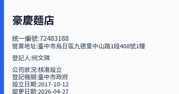 豪慶麵店的照片-統編 72483188(臺中市) 公司登記資料與營業項目詳細圖表