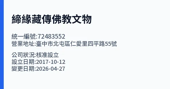 締緣藏傳佛教文物的照片-統編 72483552(臺中市) 公司登記資料與營業項目詳細圖表
