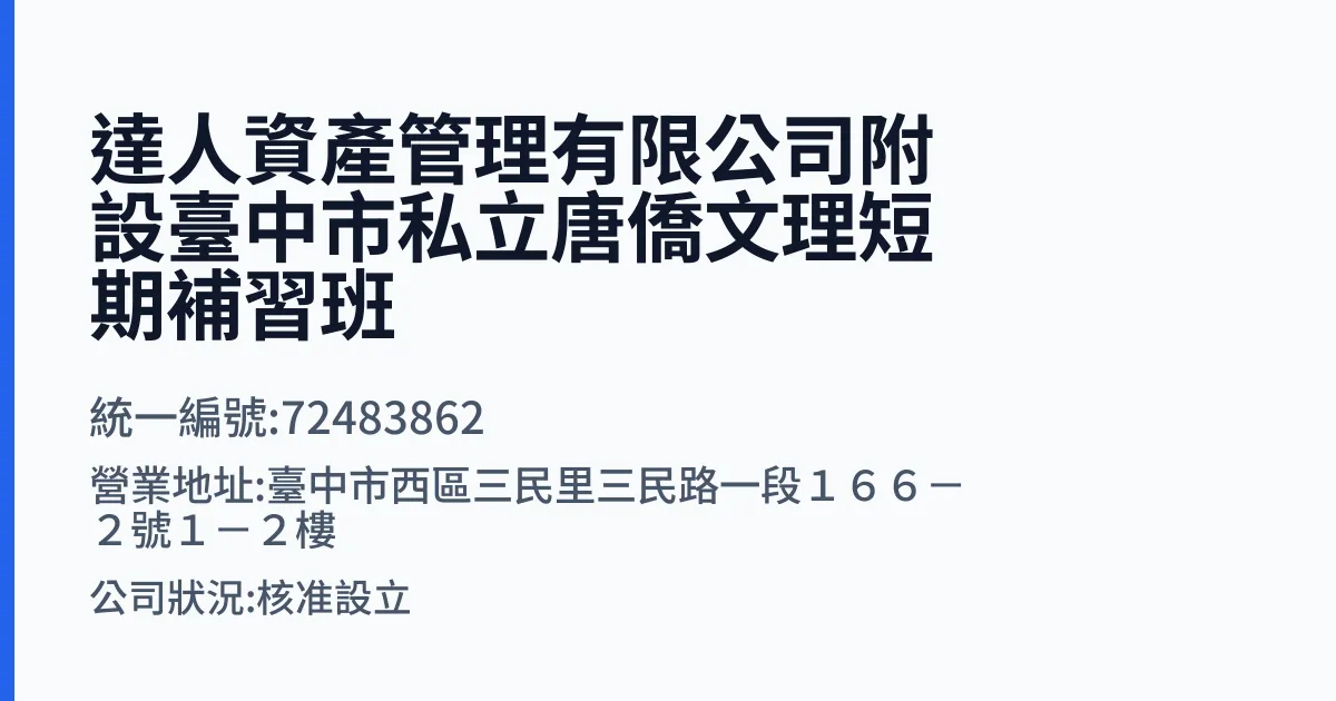 達人資產管理有限公司附設臺中市私立唐僑文理短期補習班 - 統編 72483862(臺中市) 公司登記資料與營業項目詳細圖表