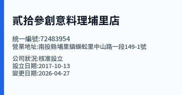 貳拾參創意料理埔里店的照片-統編 72483954(南投縣) 公司登記資料與營業項目詳細圖表