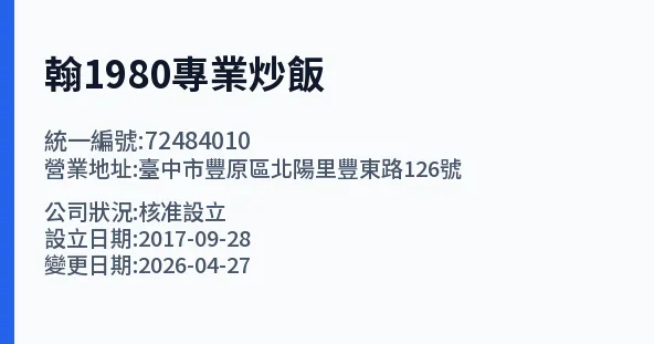 翰1980專業炒飯的照片-統編 72484010(臺中市) 公司登記資料與營業項目詳細圖表