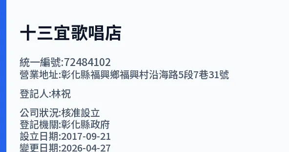 十三宜歌唱店的照片-統編 72484102(彰化縣) 公司登記資料與營業項目詳細圖表