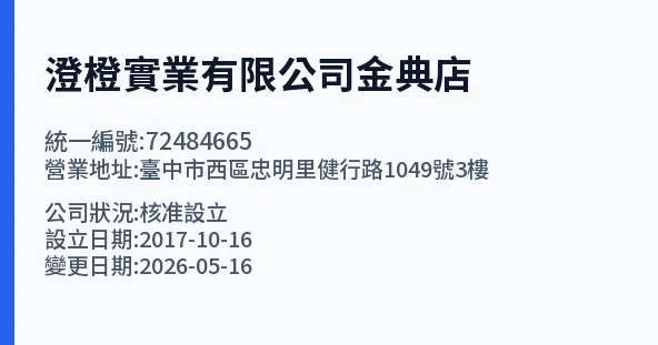澄橙實業有限公司金典店的照片-統編 72484665(臺中市) 公司登記資料與營業項目詳細圖表