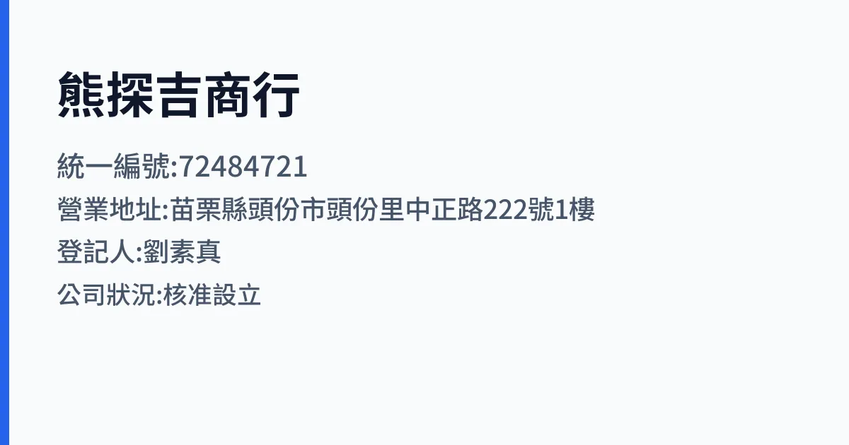 熊探吉商行 - 統編 72484721(苗栗縣) 公司登記資料與營業項目詳細圖表