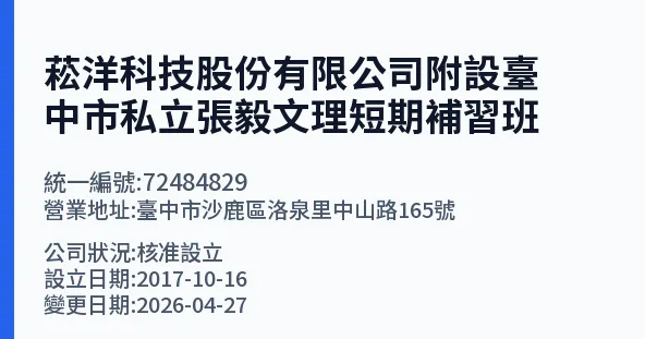 菘洋科技股份有限公司附設臺中市私立張毅文理短期補習班的照片-統編 72484829(臺中市) 公司登記資料與營業項目詳細圖表