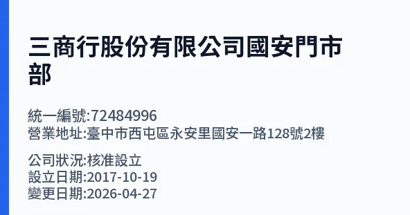 三商行股份有限公司國安門市部的照片-統編 72484996(臺中市) 公司登記資料與營業項目詳細圖表