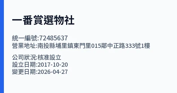 一番賞選物社的照片-統編 72485637(南投縣) 公司登記資料與營業項目詳細圖表