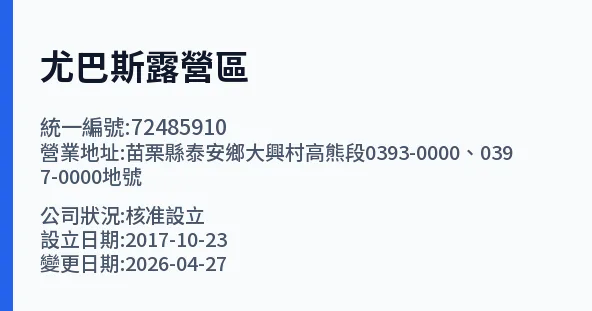 尤巴斯露營區的照片-統編 72485910(苗栗縣) 公司登記資料與營業項目詳細圖表