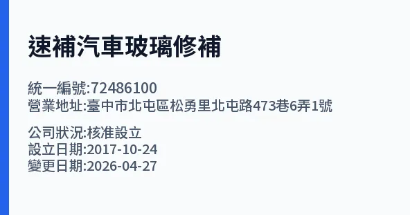 速補汽車玻璃修補的照片-統編 72486100(臺中市) 公司登記資料與營業項目詳細圖表