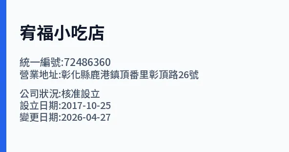 宥福小吃店的照片-統編 72486360(彰化縣) 公司登記資料與營業項目詳細圖表