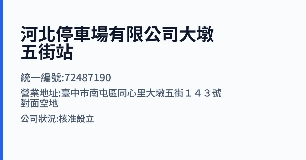 河北停車場有限公司大墩五街站 - 統編 72487190(臺中市) 公司登記資料與營業項目詳細圖表