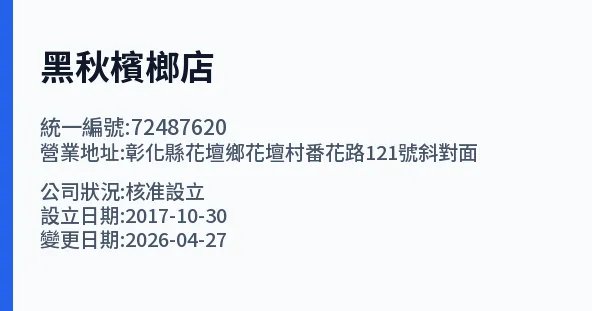黑秋檳榔店的照片-統編 72487620(彰化縣) 公司登記資料與營業項目詳細圖表