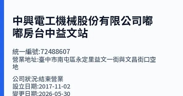 中興電工機械股份有限公司嘟嘟房台中益文站的照片-統編 72488607(臺中市) 公司登記資料與營業項目詳細圖表