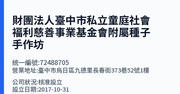財團法人臺中市私立童庭社會褔利慈善事業基金會附屬種子手作坊的照片-統編 72488705(臺中市) 公司登記資料與營業項目詳細圖表