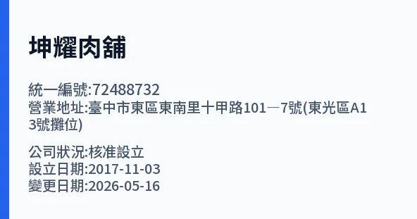 坤耀肉舖的照片-統編 72488732(臺中市) 公司登記資料與營業項目詳細圖表