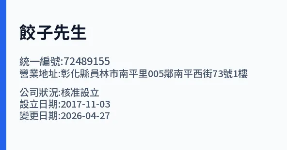 餃子先生的照片-統編 72489155(彰化縣) 公司登記資料與營業項目詳細圖表
