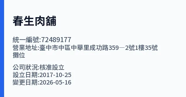 春生肉舖的照片-統編 72489177(臺中市) 公司登記資料與營業項目詳細圖表