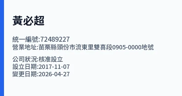 黃必超的照片-統編 72489227(苗栗縣) 公司登記資料與營業項目詳細圖表