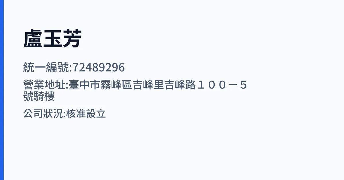 盧玉芳 - 統編 72489296(臺中市) 公司登記資料與營業項目詳細圖表
