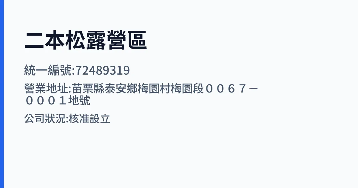 二本松露營區 - 統編 72489319(苗栗縣) 公司登記資料與營業項目詳細圖表