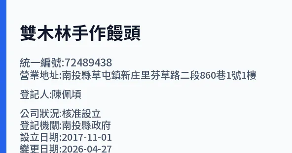 雙木林手作饅頭的照片-統編 72489438(南投縣) 公司登記資料與營業項目詳細圖表