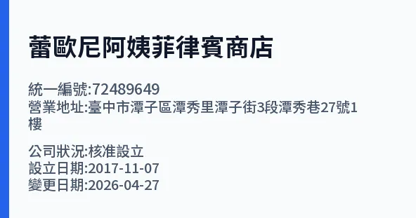 蕾歐尼阿姨菲律賓商店的照片-統編 72489649(臺中市) 公司登記資料與營業項目詳細圖表