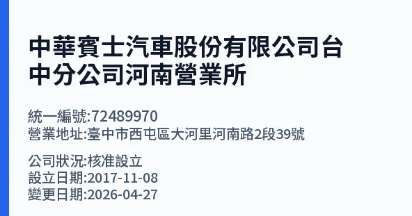 中華賓士汽車股份有限公司台中分公司河南營業所的照片-統編 72489970(臺中市) 公司登記資料與營業項目詳細圖表