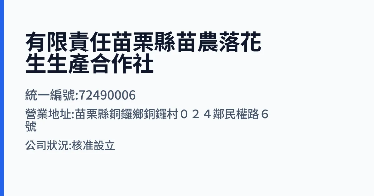 有限責任苗栗縣苗農落花生生產合作社 - 統編 72490006（苗栗縣） 公司登記資料與營業項目詳細圖表