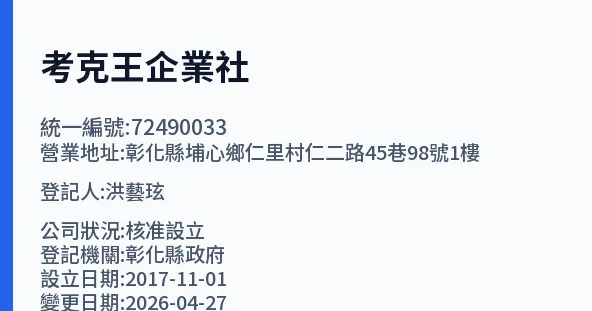 考克王企業社的照片-統編 72490033(彰化縣) 公司登記資料與營業項目詳細圖表
