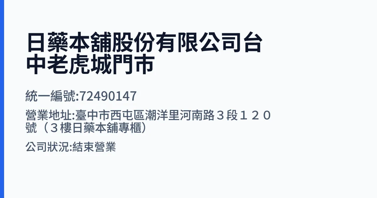 日藥本舖股份有限公司台中老虎城門巿 - 統編 72490147(臺中市) 公司登記資料與營業項目詳細圖表
