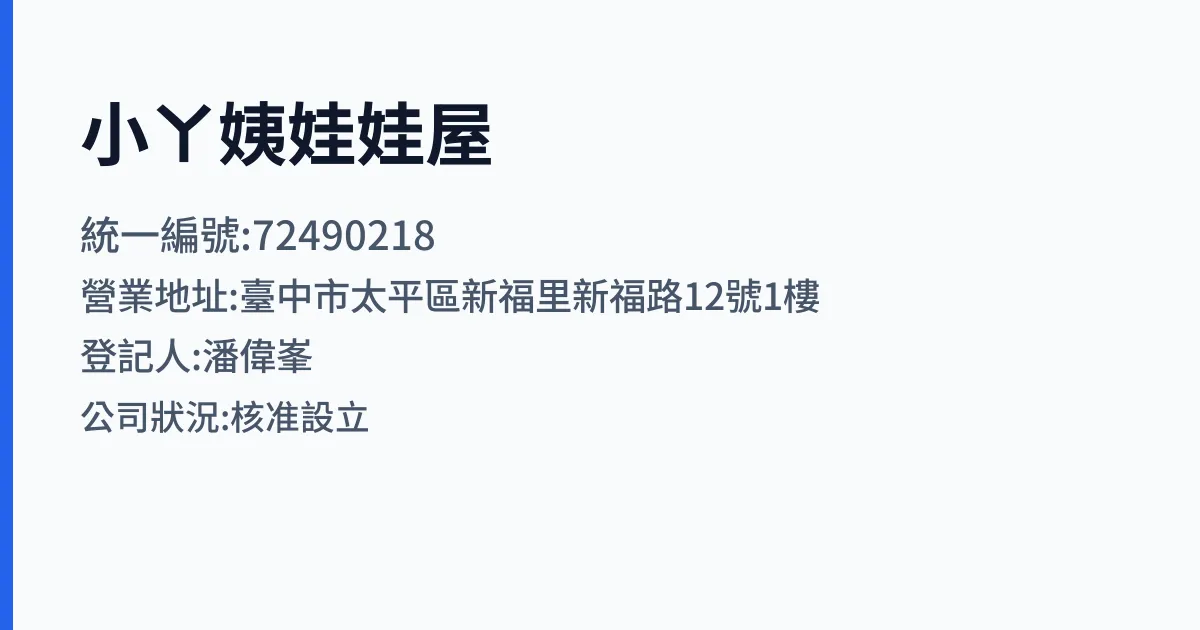 小ㄚ姨娃娃屋 - 統編 72490218(臺中市) 公司登記資料與營業項目詳細圖表