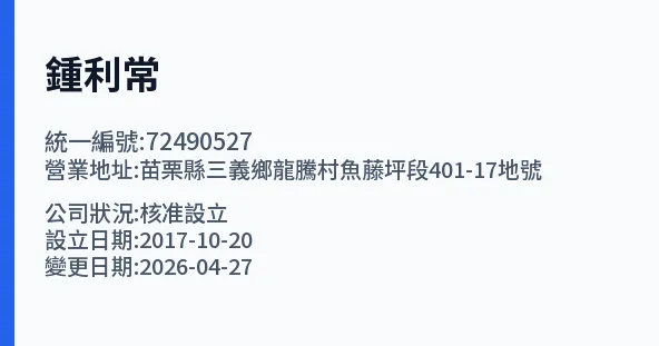 鍾利常的照片-統編 72490527(苗栗縣) 公司登記資料與營業項目詳細圖表