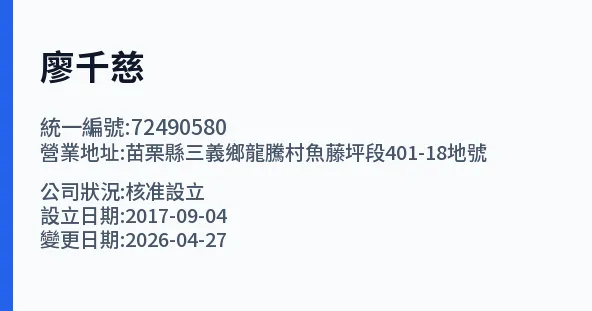 廖千慈的照片-統編 72490580(苗栗縣) 公司登記資料與營業項目詳細圖表