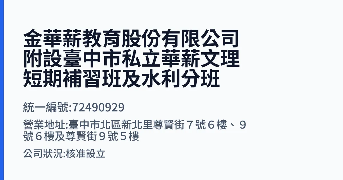 金華薪教育股份有限公司附設臺中市私立華薪文理短期補習班及水利分班 - 統編 72490929(臺中市) 公司登記資料與營業項目詳細圖表